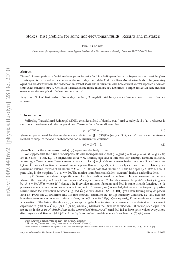 (PDF) Stokes’ first problem for some non-Newtonian fluids: Results and ...