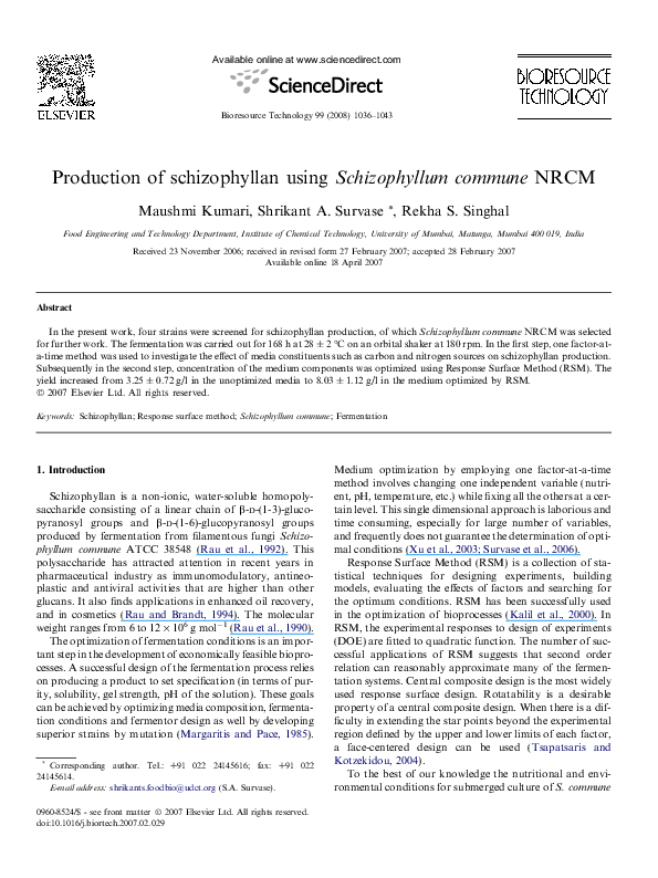 (PDF) Production of schizophyllan using Schizophyllum commune NRCM