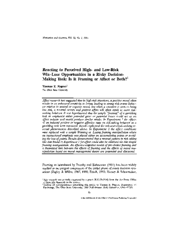 (PDF) Reacting to Perceived High-and Low-Risk Win Lose Opportunities in ...