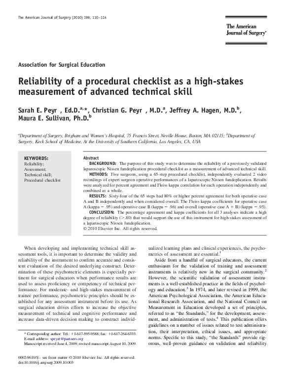 (PDF) Reliability of a procedural checklist as a high-stakes ...