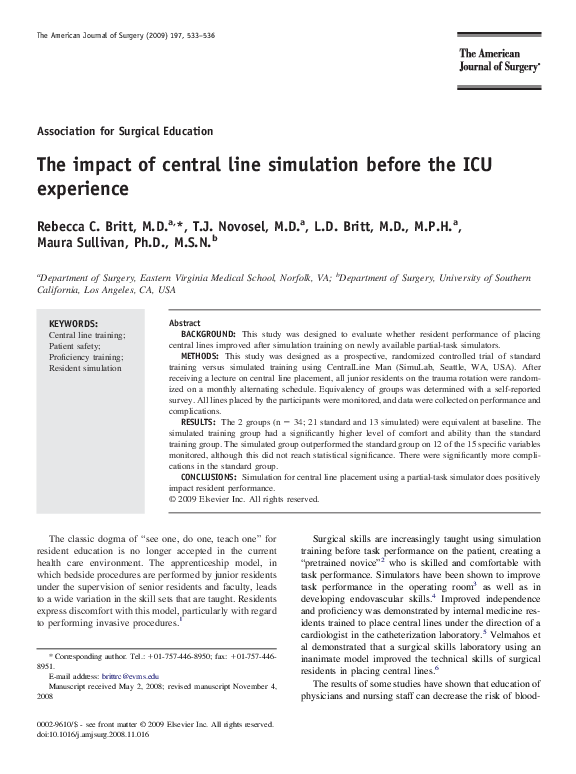 (PDF) The impact of central line simulation before the ICU experience
