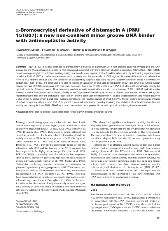 (PDF) α-Bromoacryloyl derivative of distamycin A (PNU 151807): a new ...