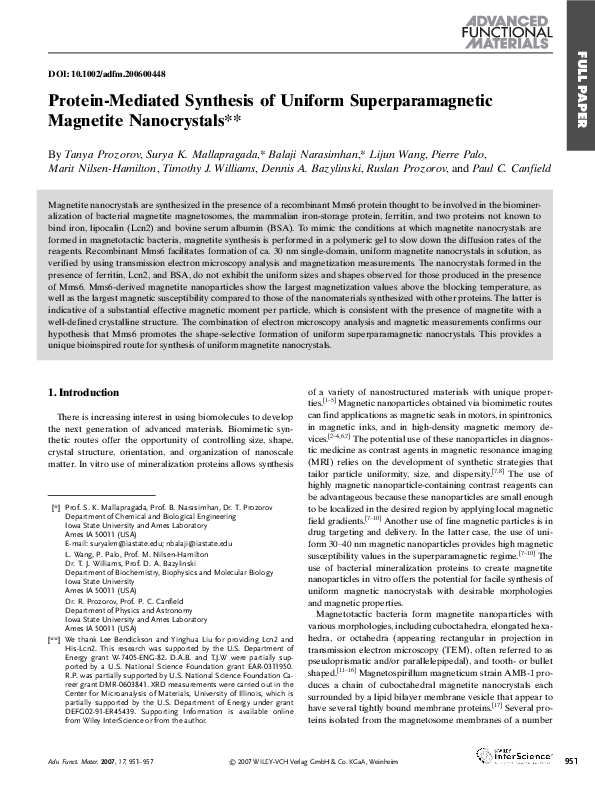 (PDF) Protein-Mediated Synthesis of Uniform Superparamagnetic Magnetite Nanocrystals