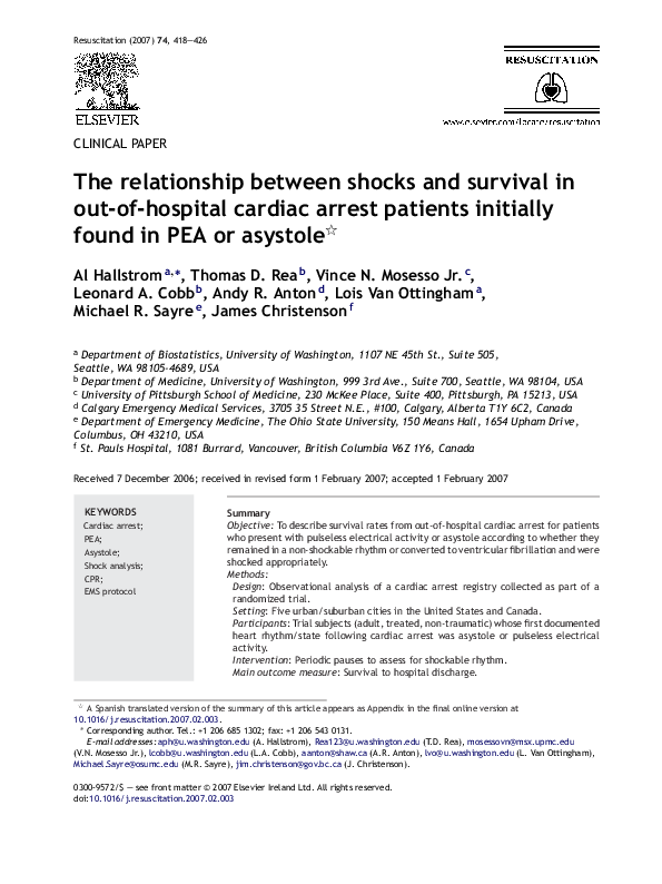 Pdf The Relationship Between Shocks And Survival In Out Of Hospital