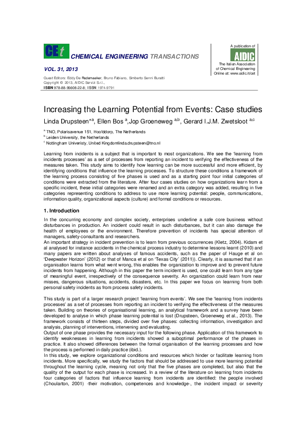 (PDF) Increasing the learning potential from events: Case studies | Jop ...