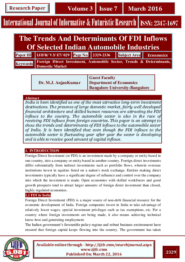 (PDF) The Trends And Determinants Of FDI Inflows Of Selected Indian ...