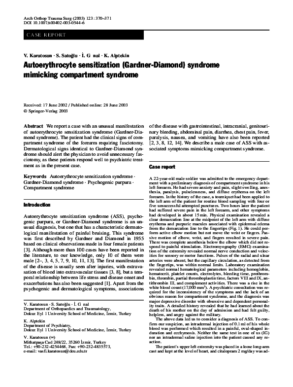 (PDF) Autoerythrocyte sensitization (Gardner-Diamond) syndrome ...