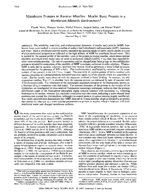 (PDF) Membrane proteins as reverse micelles: myelin basic protein in a ...