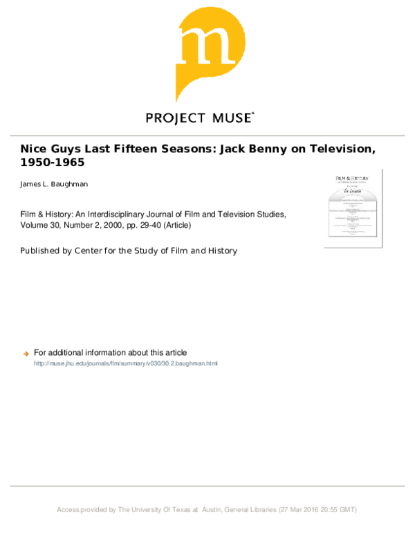 (PDF) James Baughman, "Nice Guys Last 15 Seasons:" Jack Benny on Television