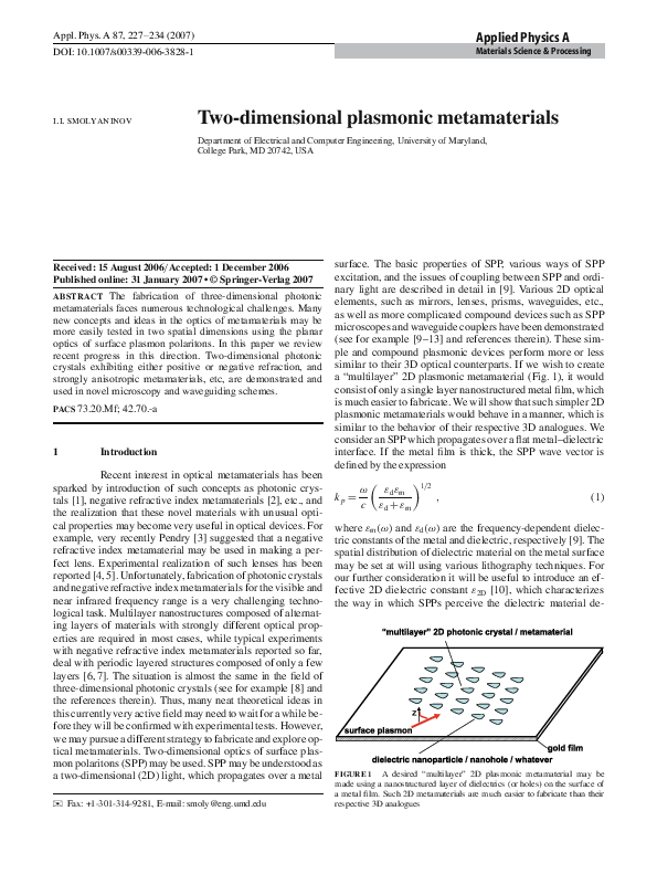 (PDF) Two-dimensional plasmonic metamaterials