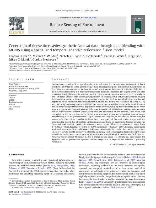 Pdf Generation Of Dense Time Series Synthetic Landsat Data Through Data Blending With Modis