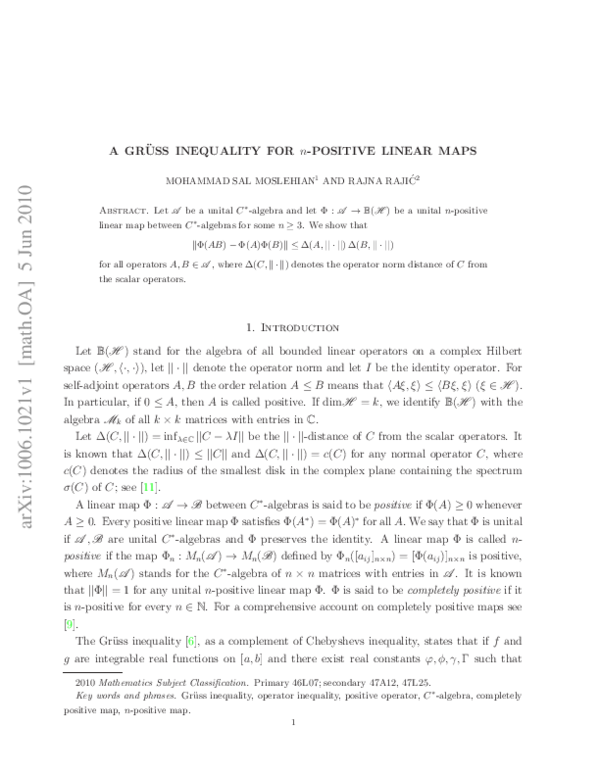 (PDF) A Gruss inequality for n-positive linear maps