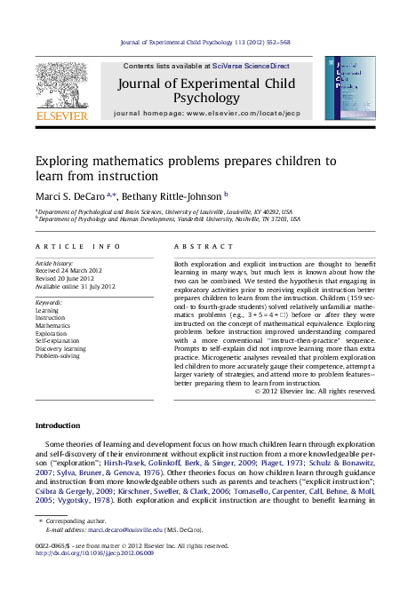 (PDF) Exploring mathematics problems prepares children to learn from instruction
