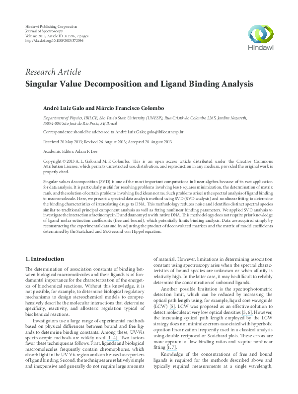 (PDF) Singular Value Decomposition and Ligand Binding Analysis