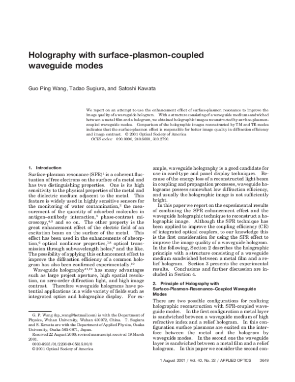 (PDF) Holography with surface-plasmon-coupled waveguide modes