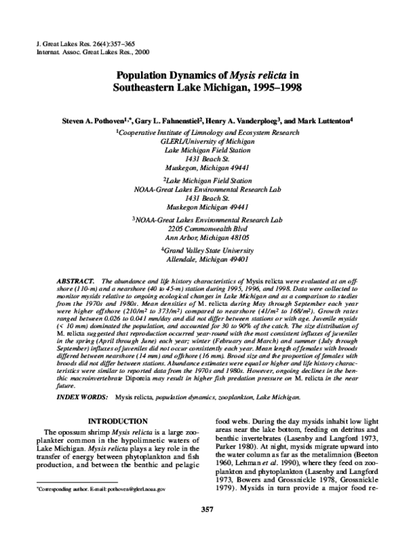 (PDF) Population Dynamics of Mysis relicta in Southeastern Lake ...