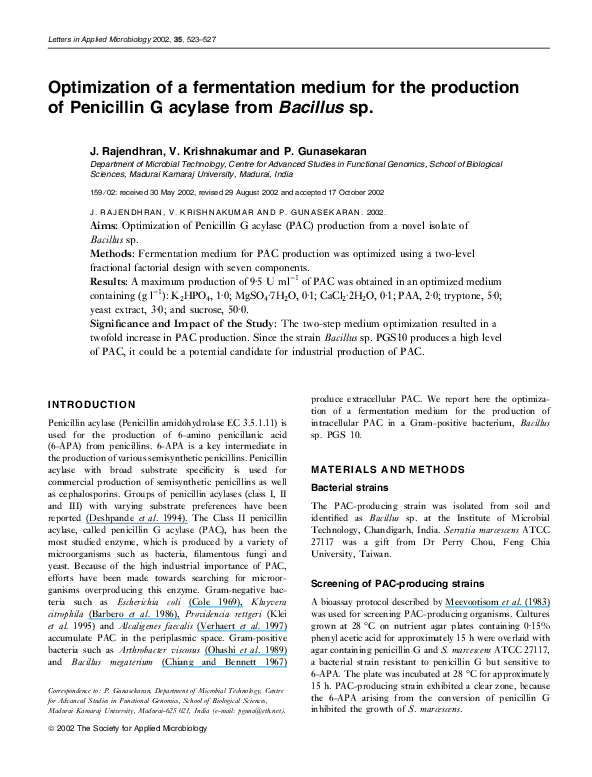 (PDF) Optimization of a fermentation medium for the production of Penicillin G acylase from ...
