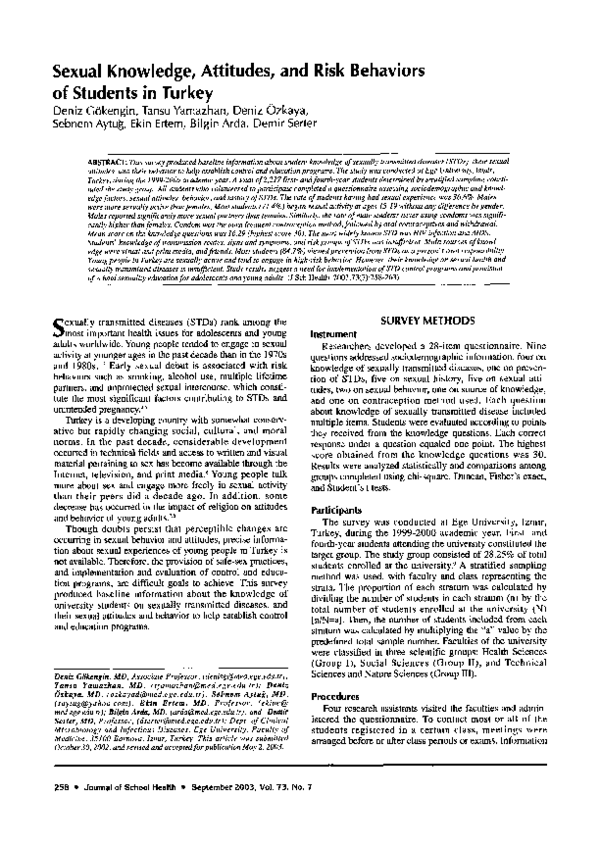 (PDF) Sexual Knowledge, Attitudes, and Risk Behaviors of Students in Turkey | Deniz Gökengin ...