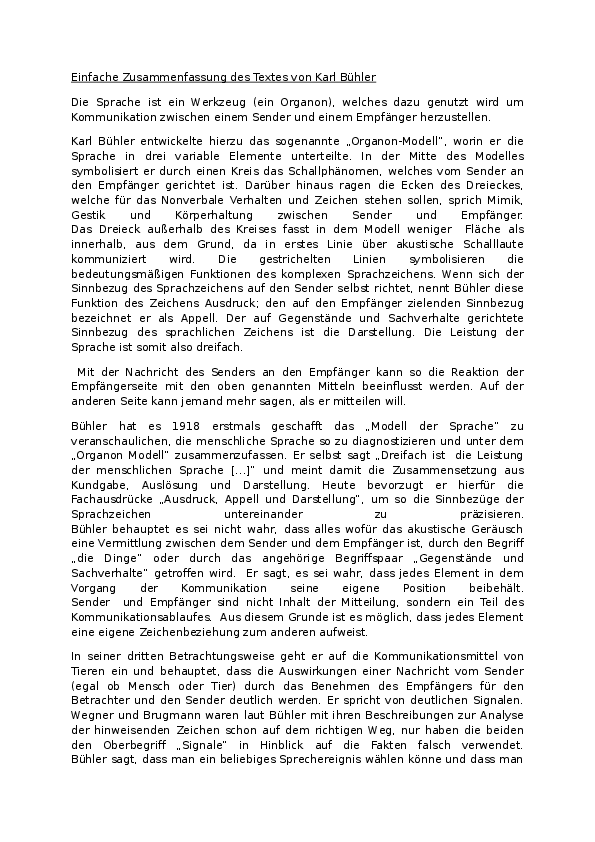 (DOC) Zusammenfassung von Karl Bühlers "Organon-Modell"