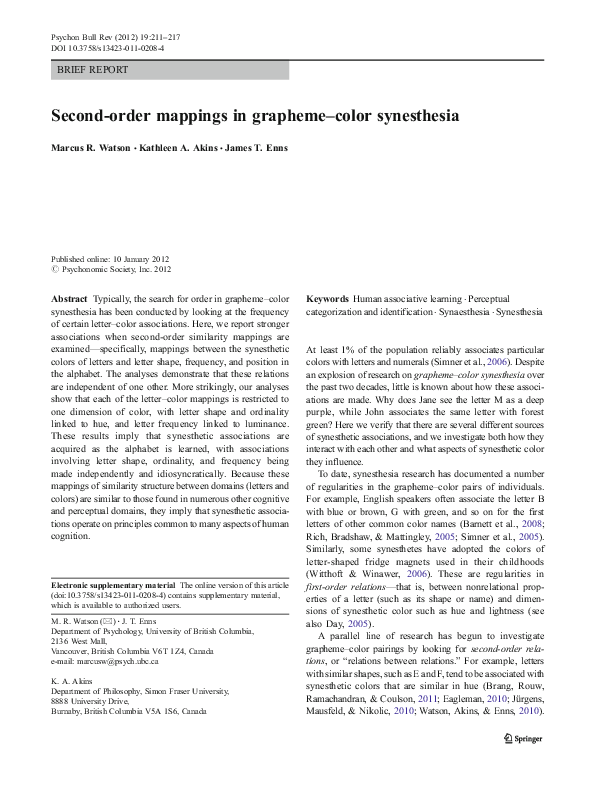 (PDF) Second-order mappings in grapheme–color synesthesia