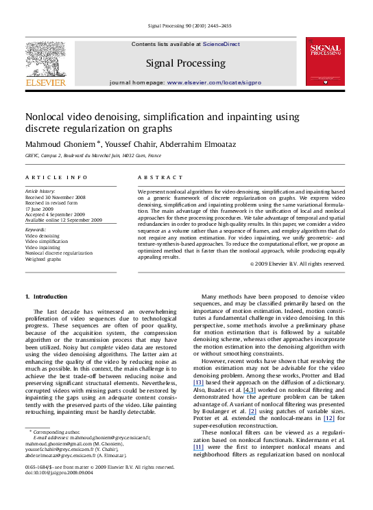 (PDF) Nonlocal video denoising, simplification and inpainting using discrete regularization on ...