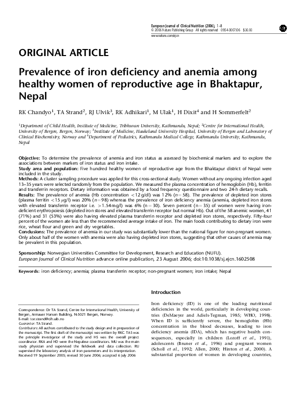 (PDF) Prevalence of iron deficiency and anemia among healthy women of reproductive age in ...