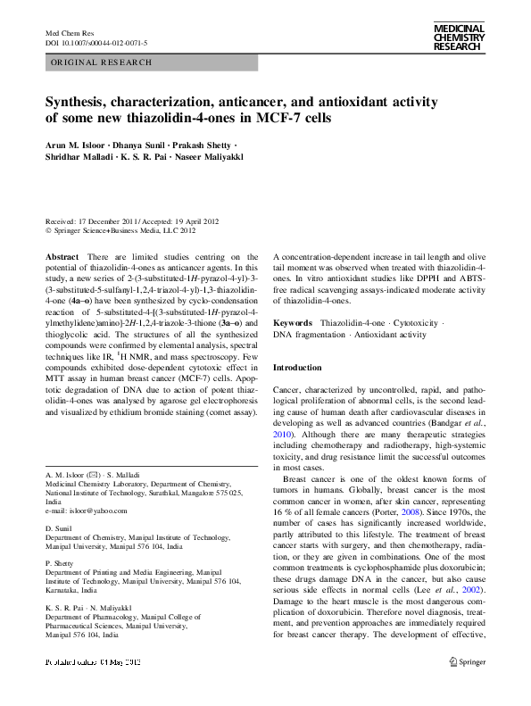 (PDF) Synthesis, characterization, antioxidant, and anticancer studies of 6-[3-(4-chlorophenyl ...