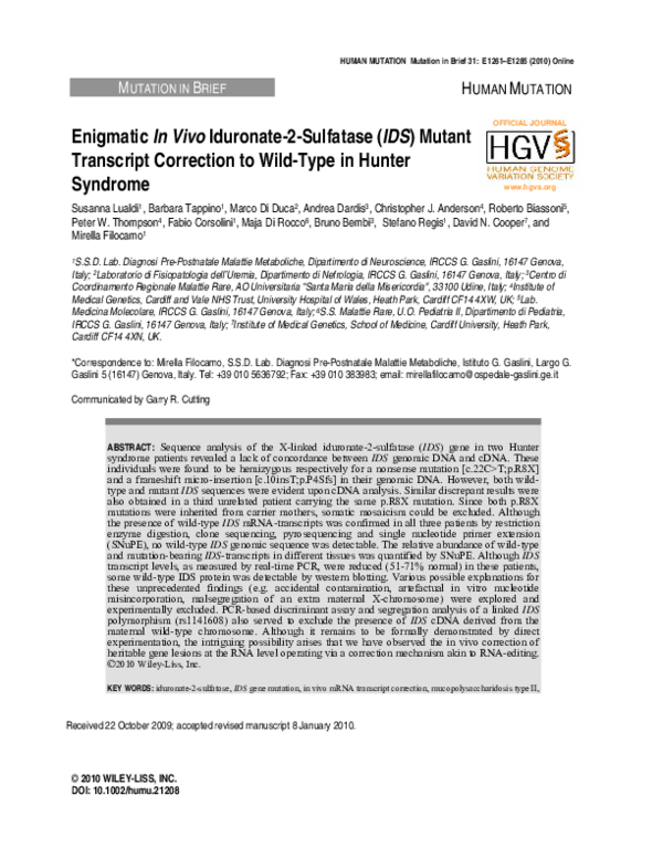 (PDF) Enigmatic In Vivo iduronate-2-sulfatase (IDS) mutant transcript ...