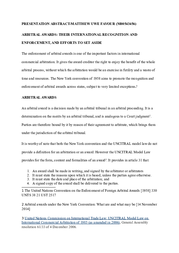 (DOC) ARBITRAL AWARDS: THEIR INTERNATIONAL RECOGNITION AND ENFORCEMENT, AND EFFORTS TO SET ASIDE