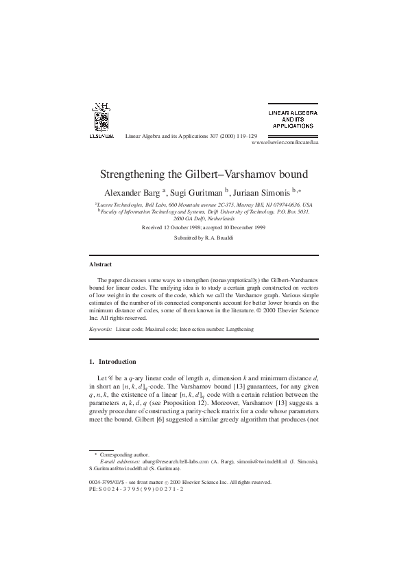 (PDF) Strengthening the Gilbert–Varshamov bound
