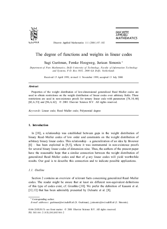 (PDF) The degree of functions and weights in linear codes