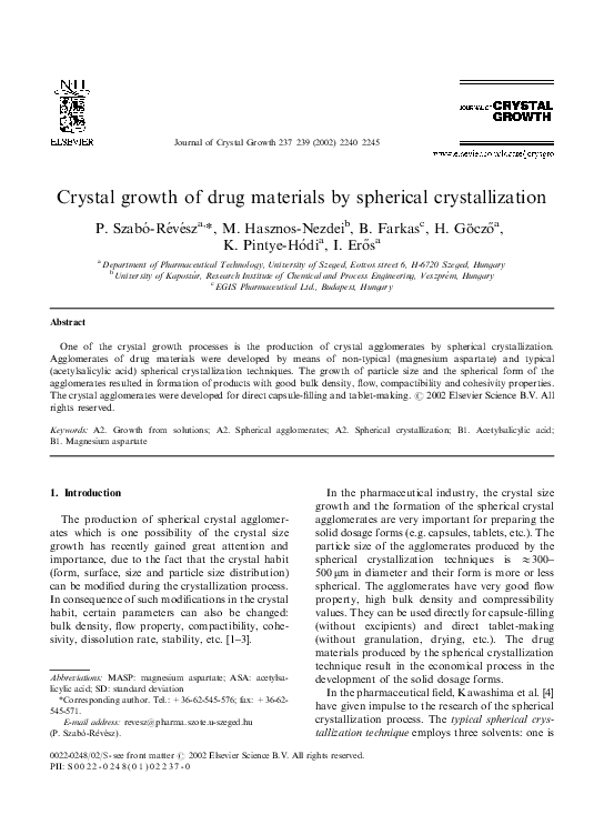 (PDF) Crystal growth of drug materials by spherical crystallization