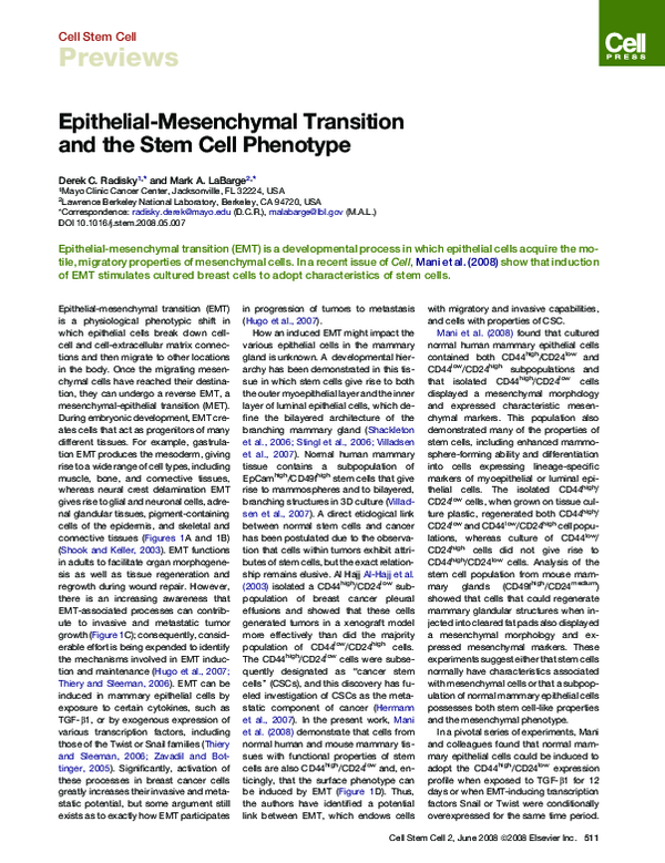 (PDF) Epithelial-Mesenchymal Transition and the Stem Cell Phenotype