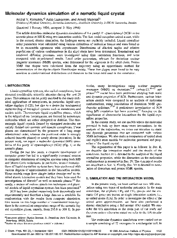(PDF) Molecular dynamics simulation of a nematic liquid crystal