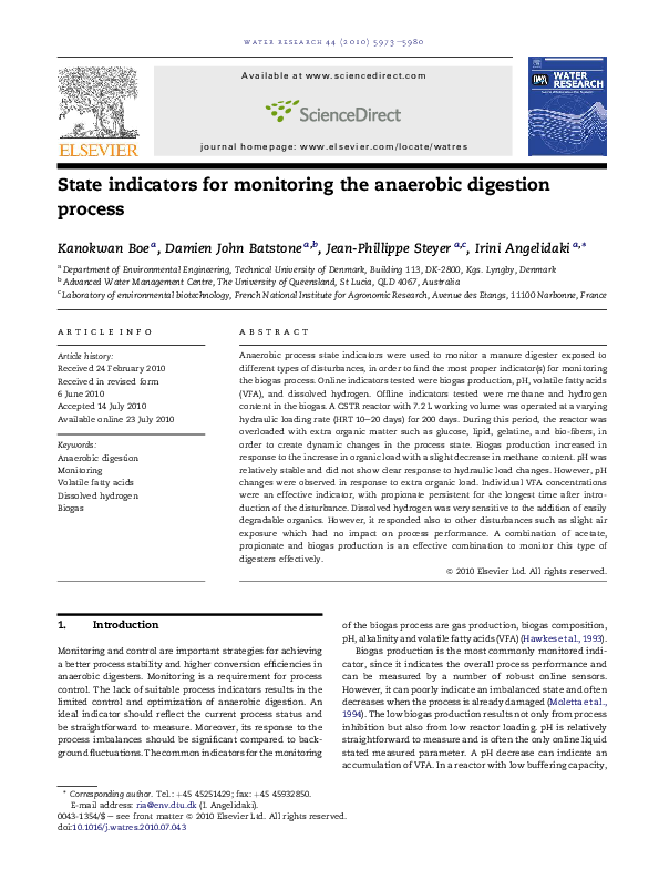 (PDF) State indicators for monitoring the anaerobic digestion process