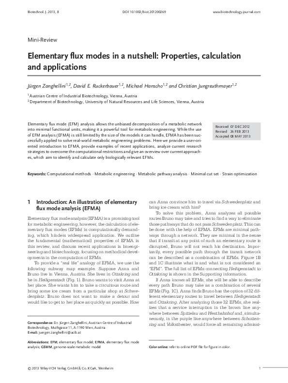 Pdf Elementary Flux Modes In A Nutshell Properties Calculation And Applications