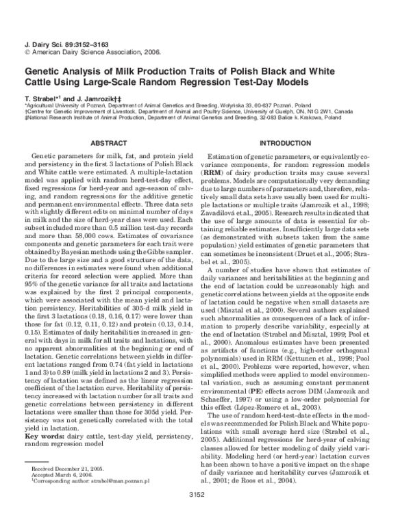 (PDF) Genetic analysis of milk production traits of polish black and white cattle using large ...