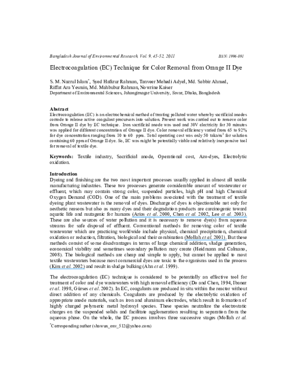 (PDF) Electrocoagulation (EC) Technique for Color Removal from Orange ...