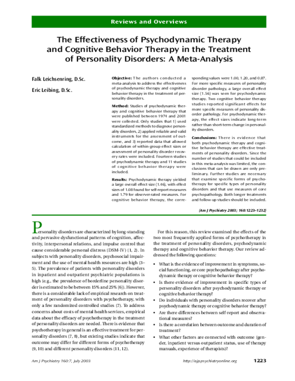 (PDF) The Effectiveness of Psychodynamic Therapy and Cognitive Behavior Therapy in the Treatment ...