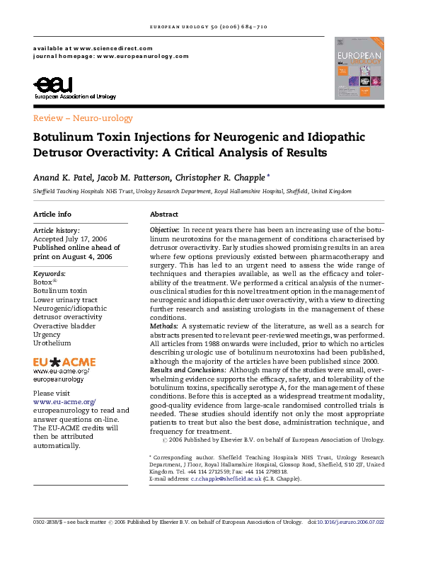 (PDF) Botulinum Toxin Injections for Neurogenic and Idiopathic Detrusor ...