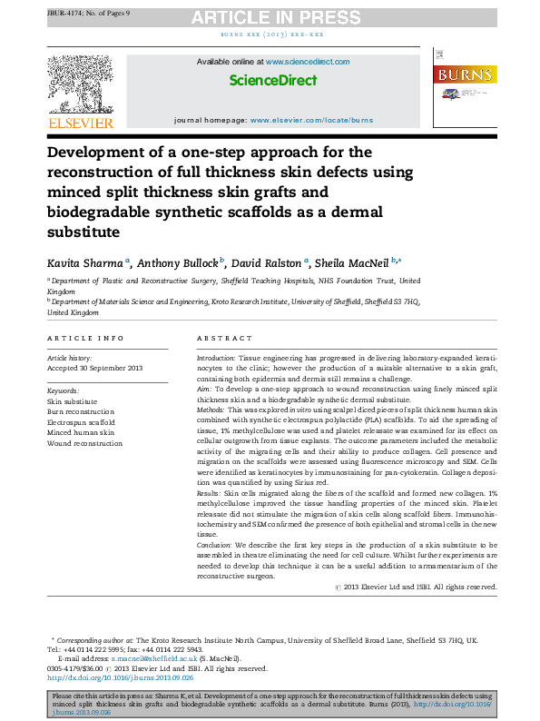 Pdf Development Of A One Step Approach For The Reconstruction Of Full Thickness Skin Defects