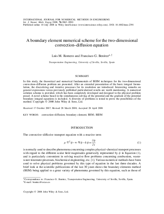 Pdf A Boundary Element Numerical Scheme For The Two Dimensional Convection Diffusion Equation
