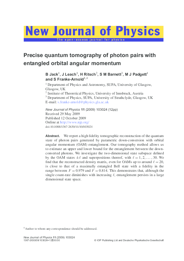 Pdf Precise Quantum Tomography Of Photon Pairs With Entangled Orbital Angular Momentum