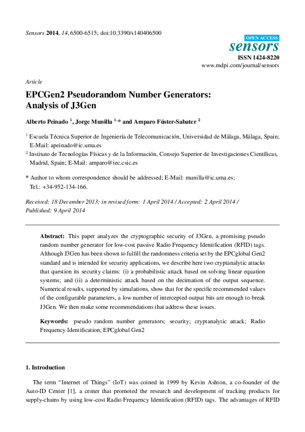 (PDF) EPCGen2 Pseudorandom Number Generators: Analysis of J3Gen