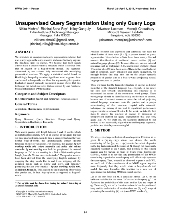 (PDF) Unsupervised query segmentation using only query logs (PDF) Unsupervised query segmentation using only query logs
