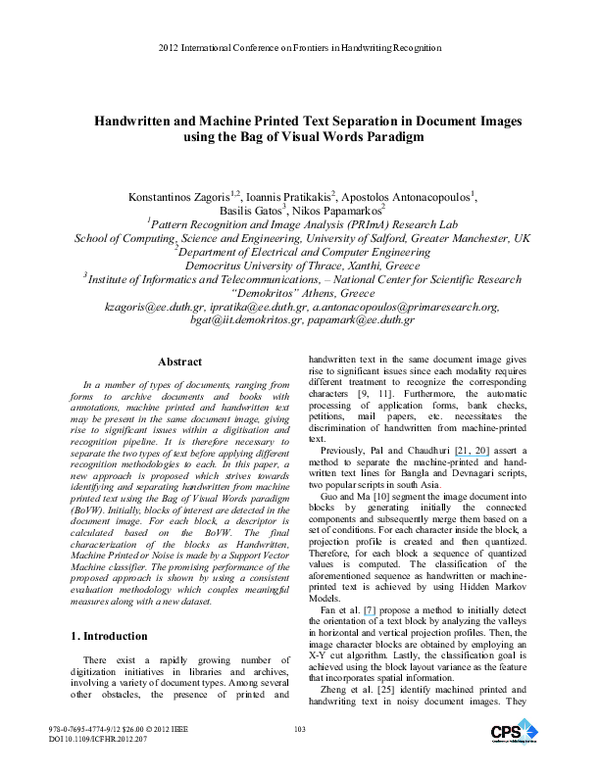 (PDF) Handwritten and Machine Printed Text Separation in Document Images Using the Bag of Visual ...