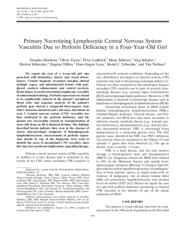(PDF) Primary necrotizing lymphocytic central nervous system vasculitis due to perforin ...