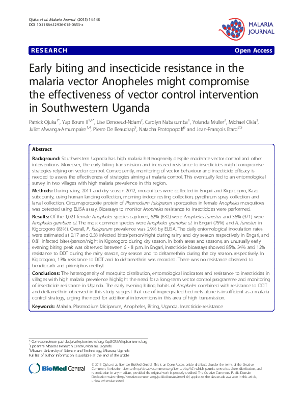 (PDF) Early biting and insecticide resistance in the malaria vector ...