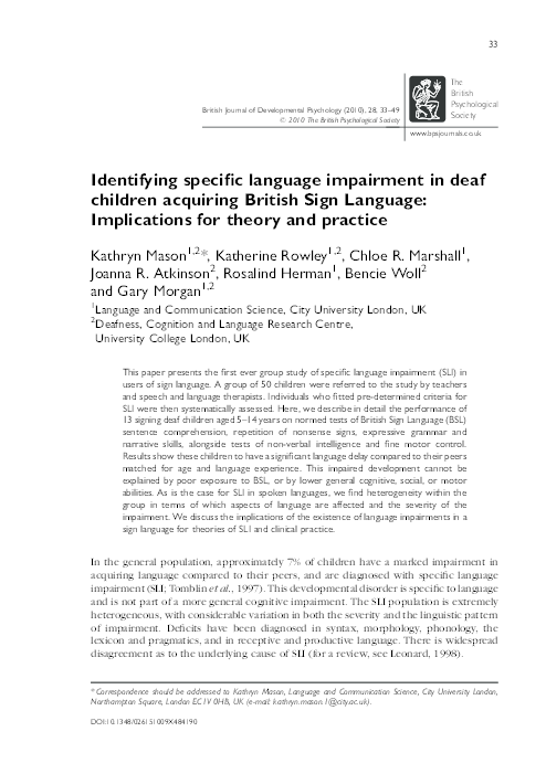 (PDF) Identifying specific language impairment in deaf children acquiring British Sign Language ...