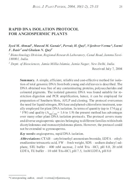 Pdf Rapid Dna Isolation Protocol For Angiospermic Plants